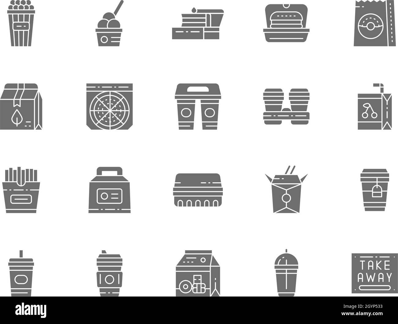 Set of Takeaway Grey Icons. Popcorn Bucket, Lunch Box, Cardboard Cups ...