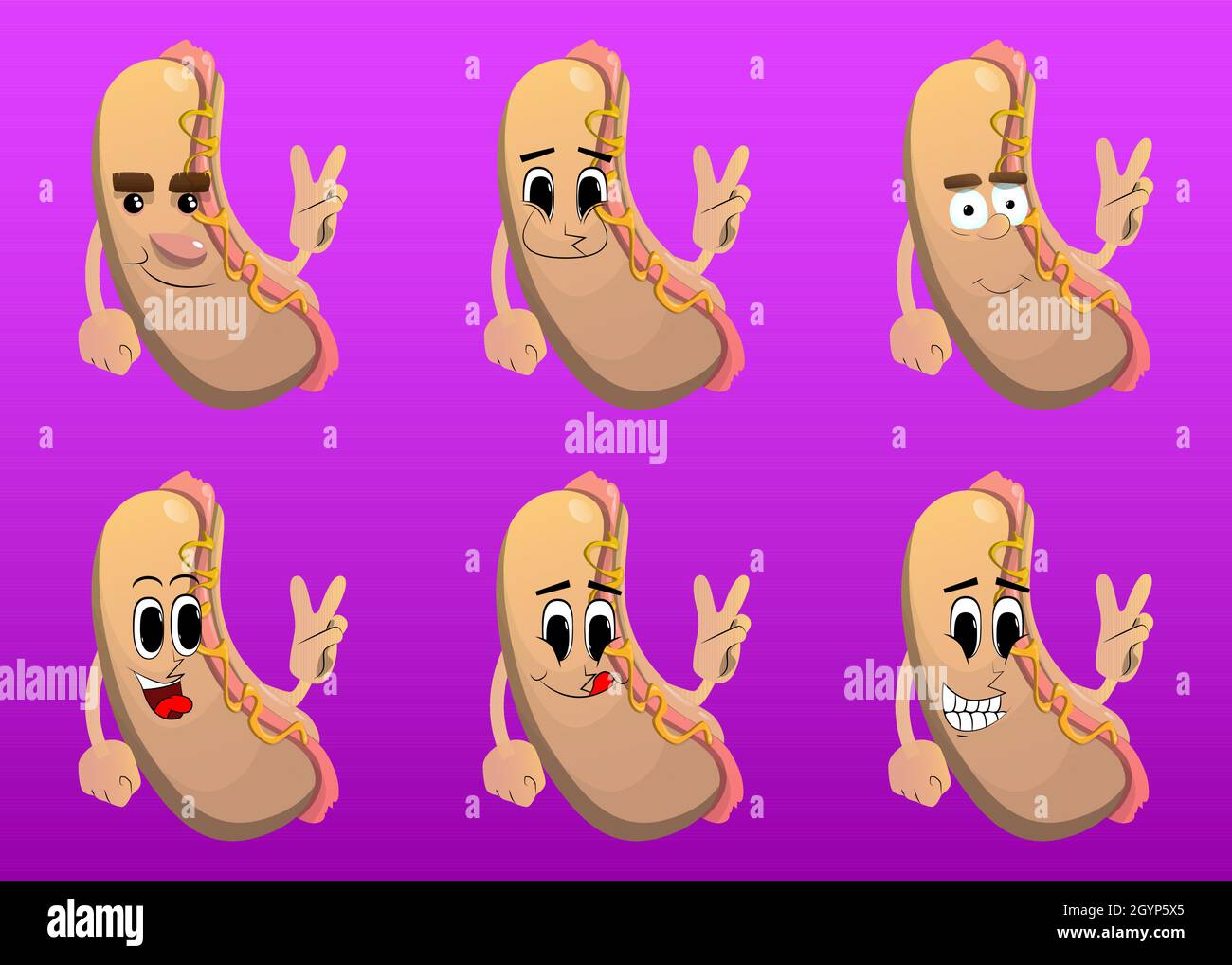 Hot Dog showing the V sign, peace hand gesture. American fast food as a ...