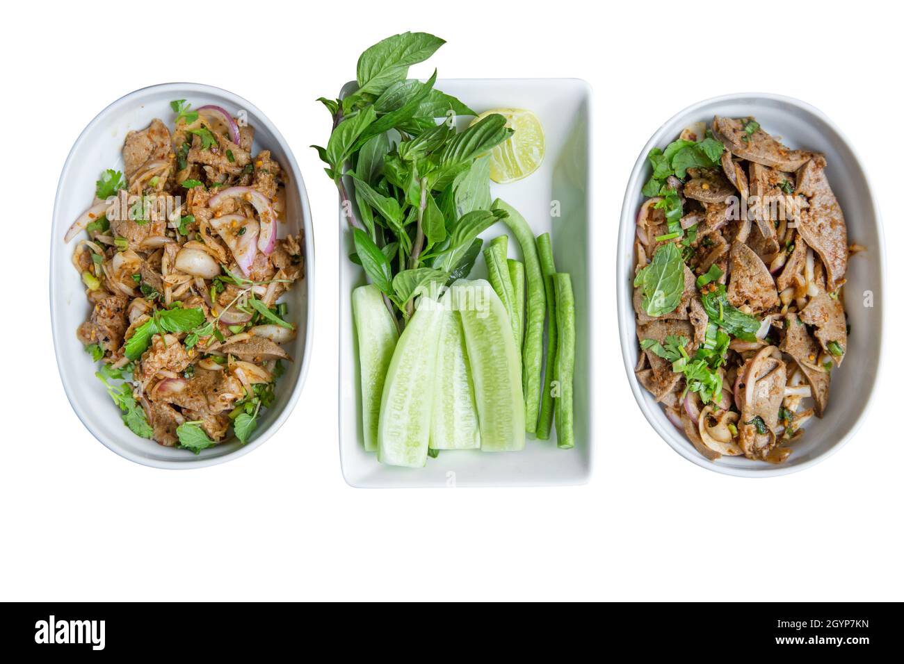 Top view of menu Northeast food of Thai flavors as Sliced grilled beef ...
