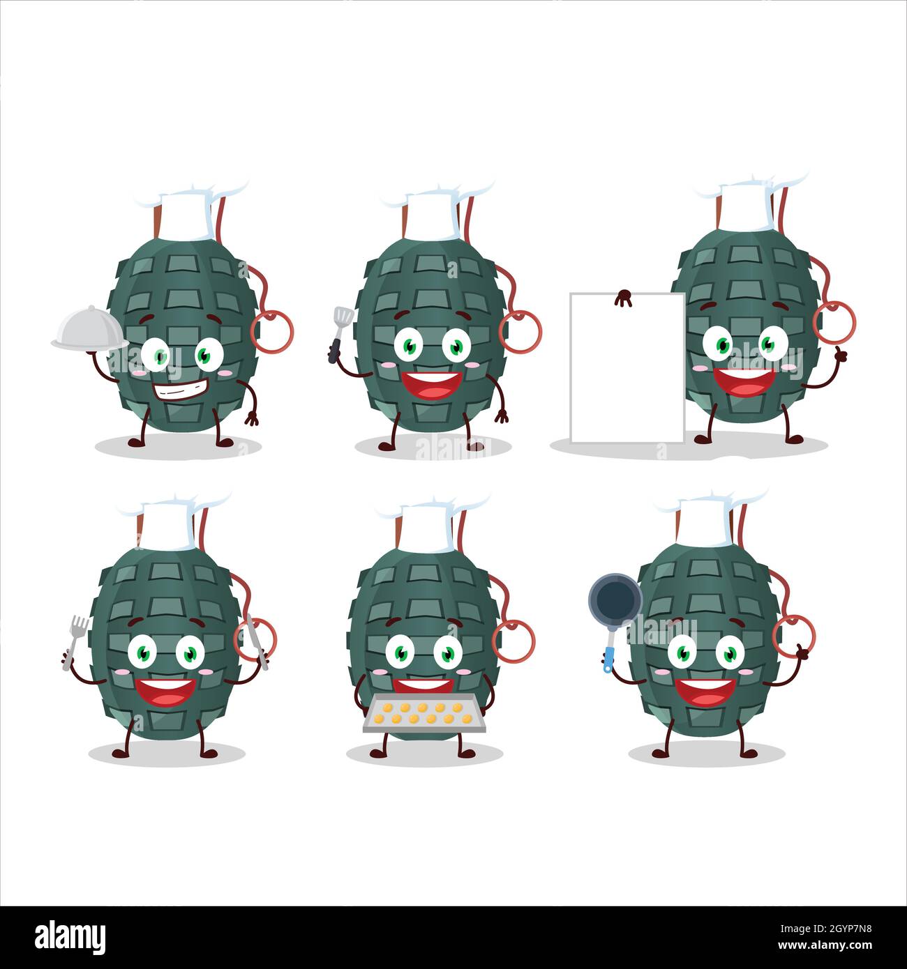 Cartoon character of granade firecracker with various chef emoticons ...