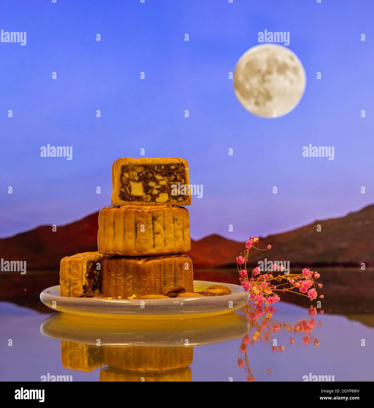 Moon cake with pretty background, a traditional food, cuisine, or snack ...