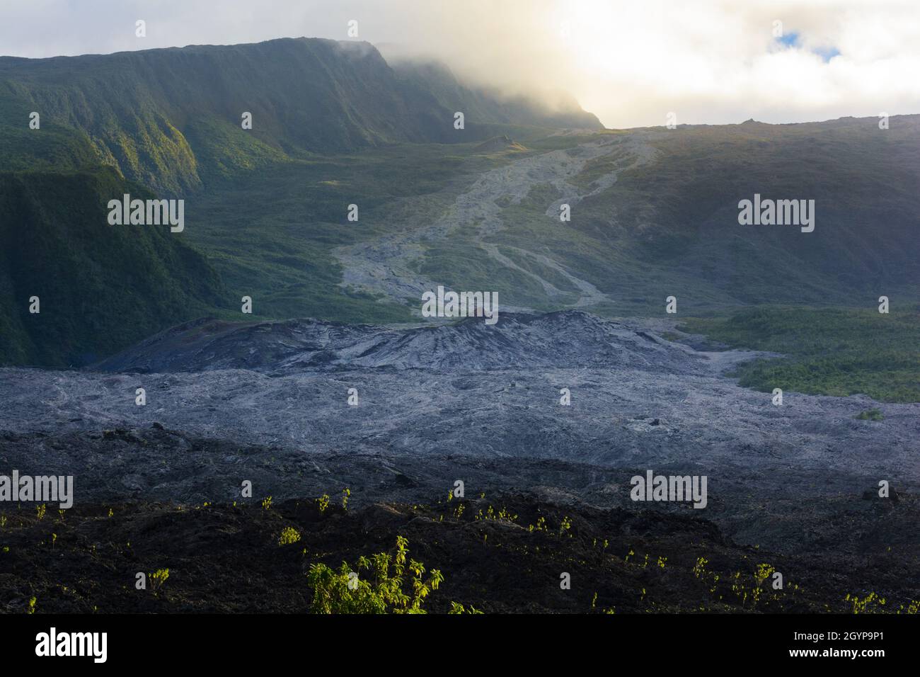 Old lava flow of Fournaise volcano at Reunion Island near coastline ...