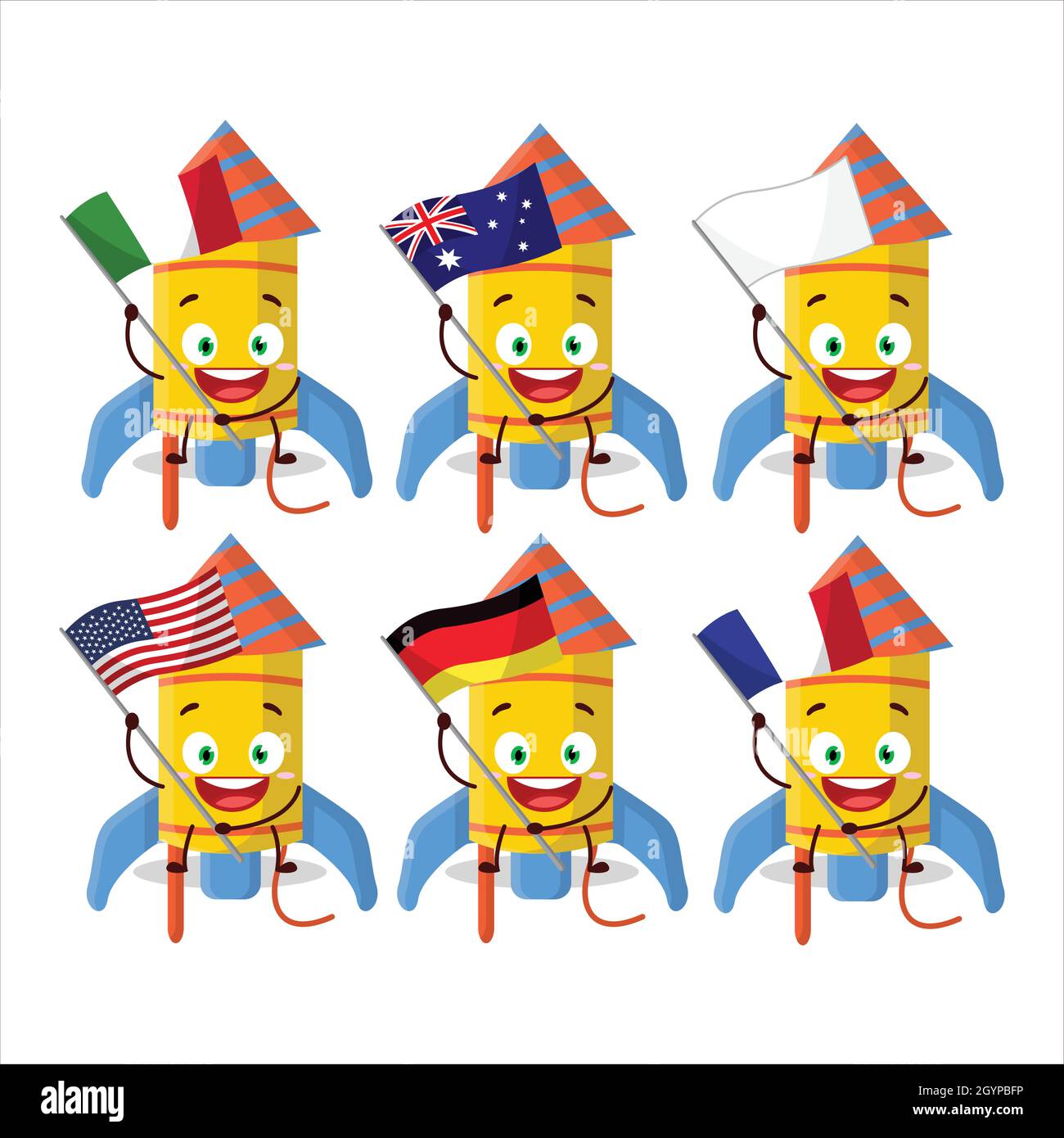 Firework rocket festival cartoon character bring the flags of various ...