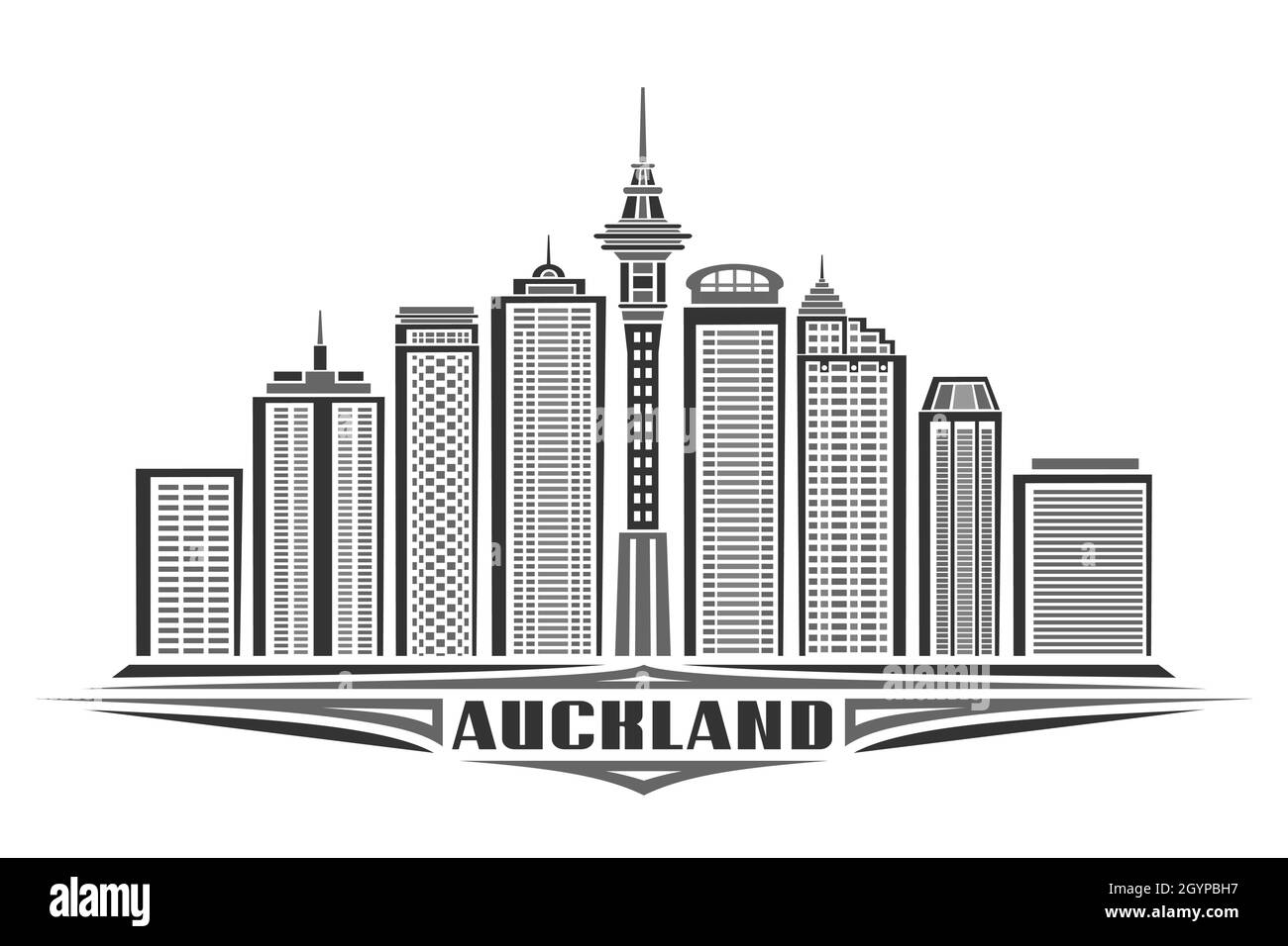 Vector illustration of Auckland, monochrome horizontal poster with ...