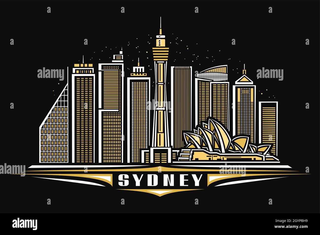Vector illustration of Sydney, black horizontal poster with linear ...