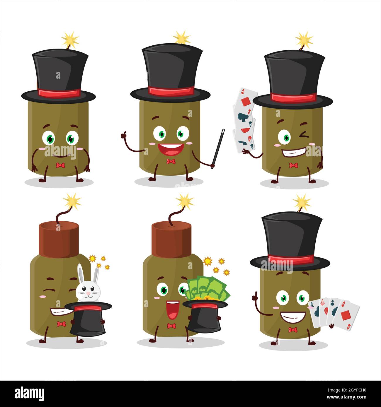 A firecracker explosive Magician cartoon character perform on a stage ...