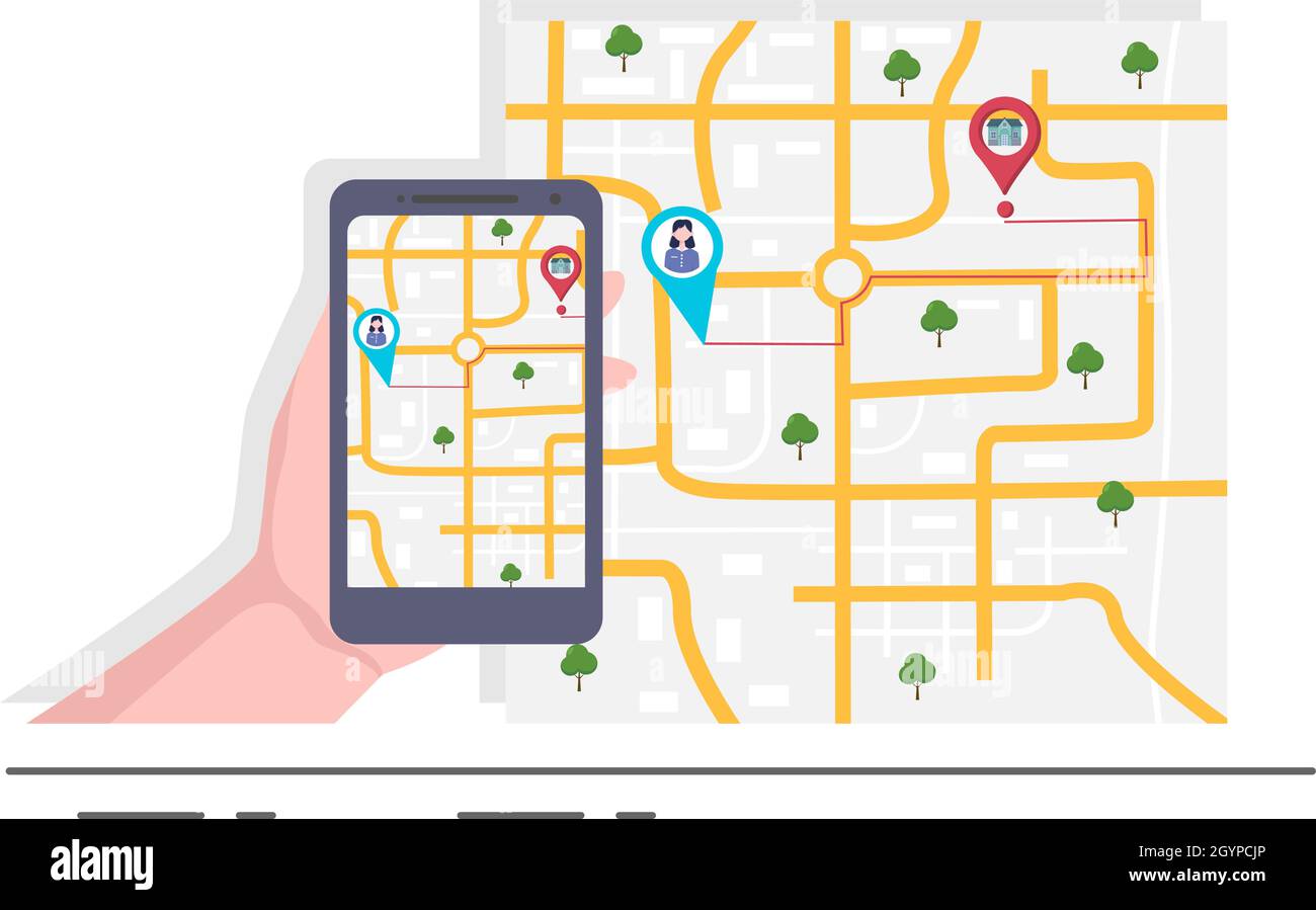 GPS Navigation Map and Compass on Location Search Application Shows the ...