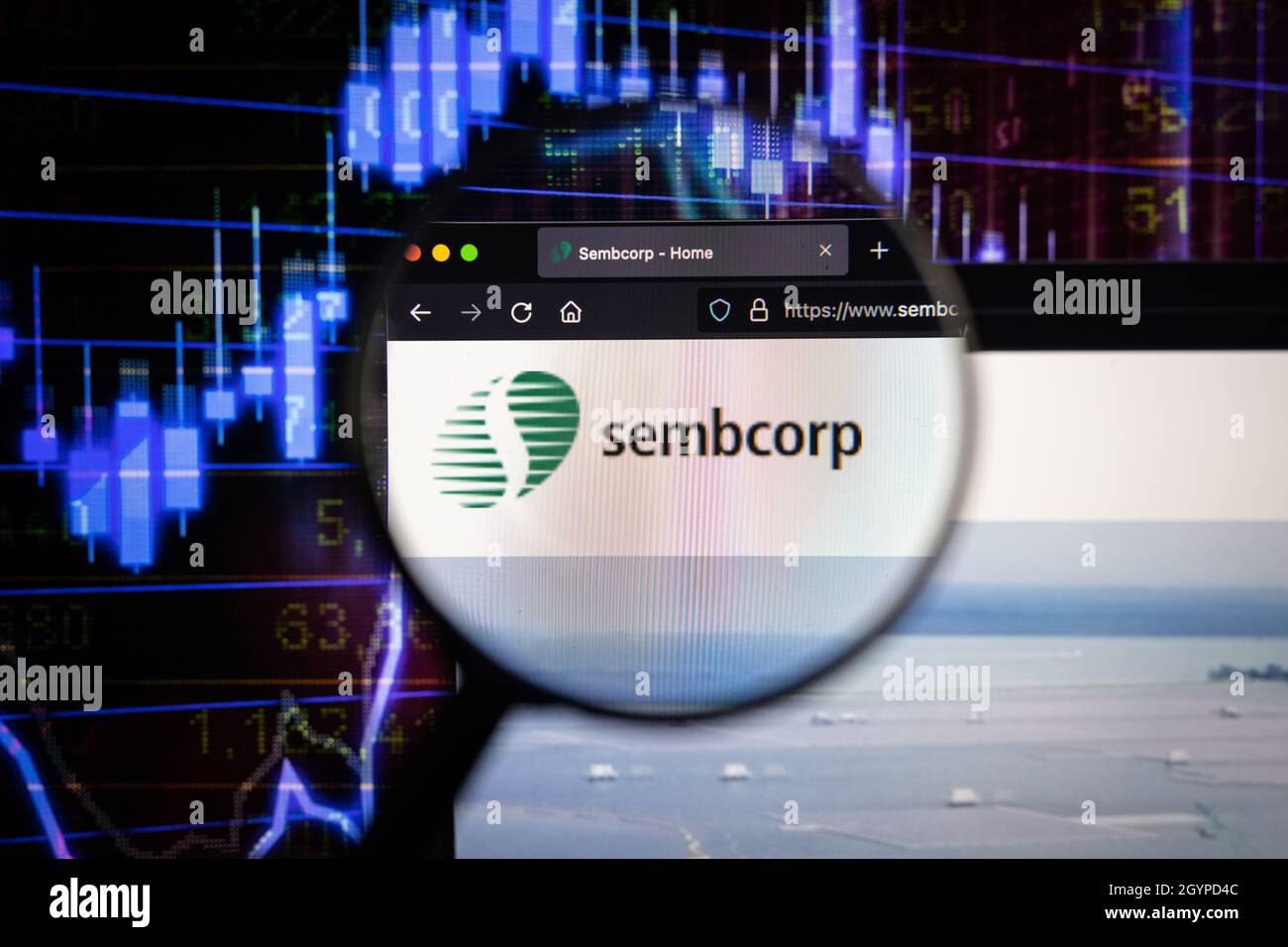 Sembcorp company logo on a website with blurry stock market ...