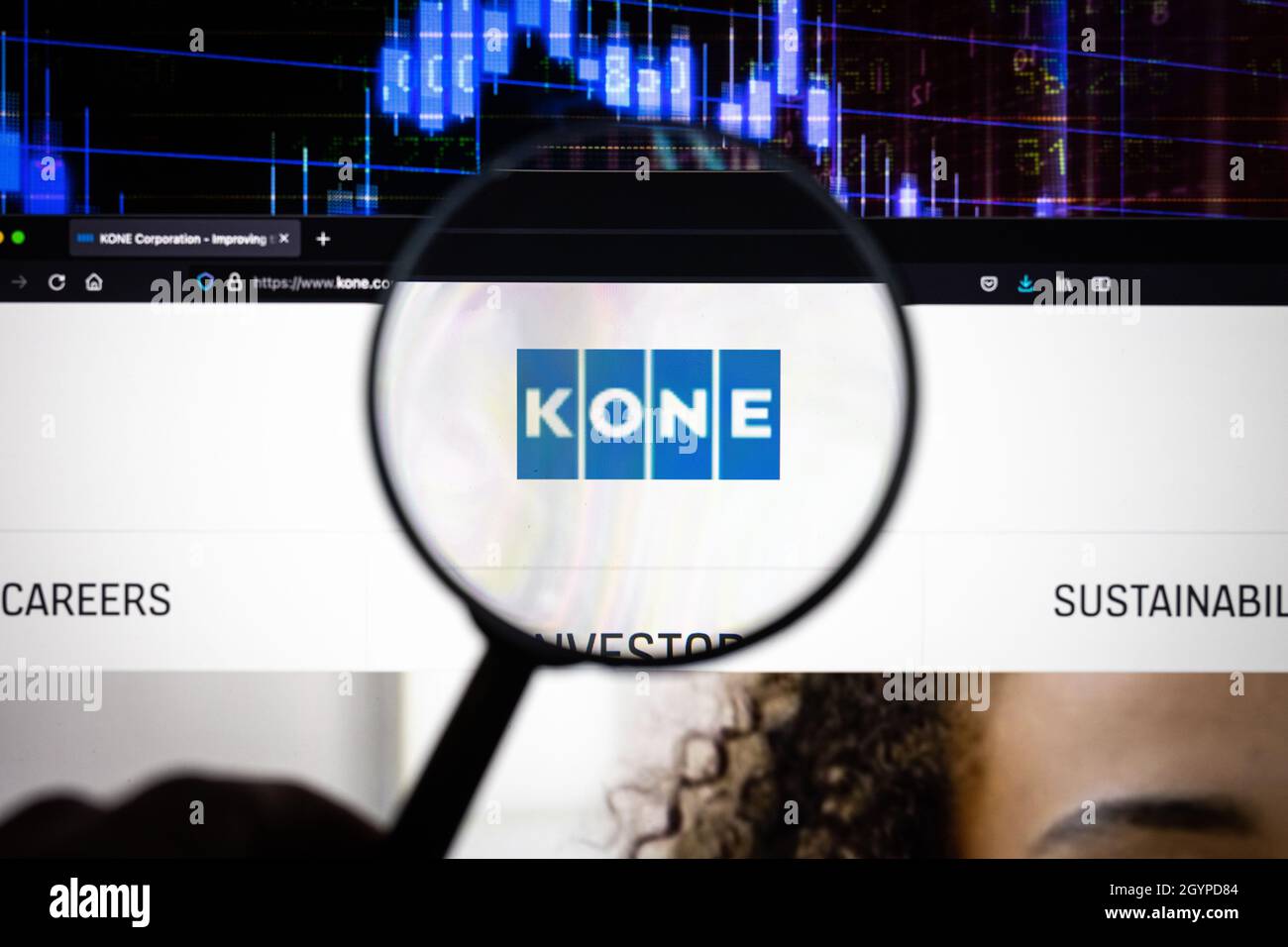 Kone company logo on a website with blurry stock market developments in ...
