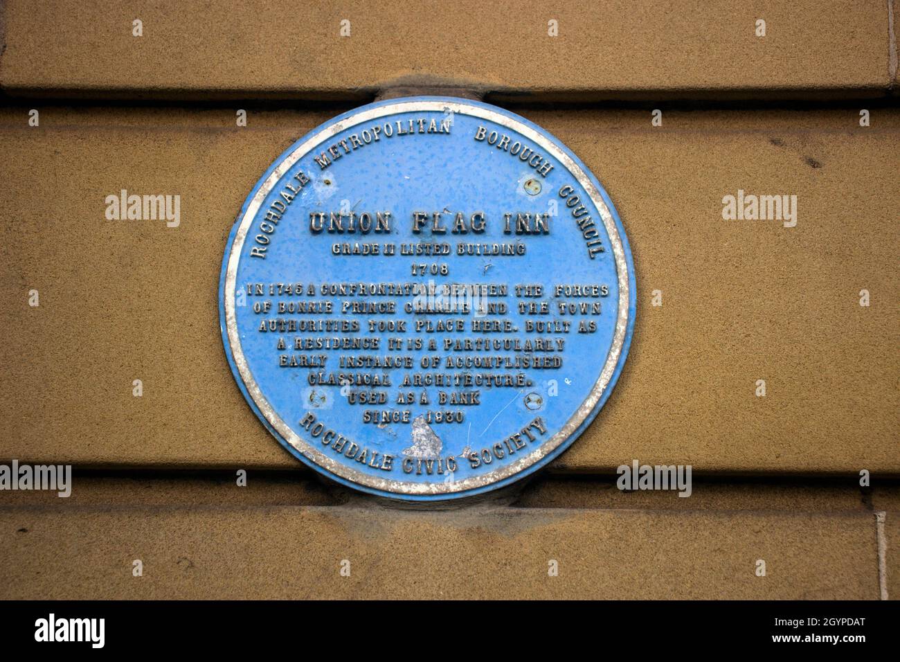 Union Flag inn blue plaque. Yorkshire, Street, Rochdale Stock Photo - Alamy