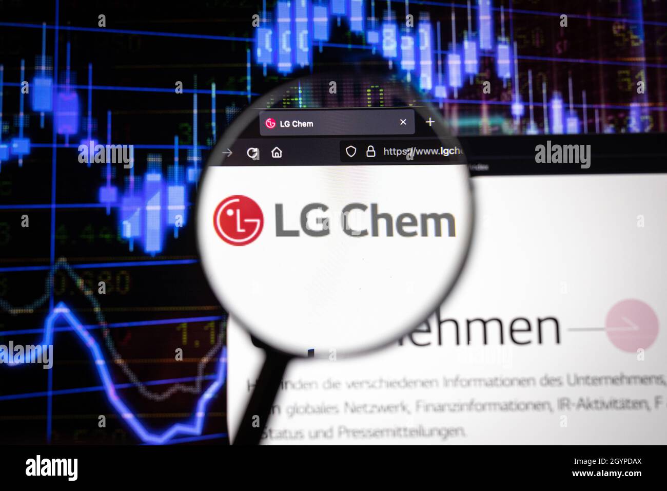 LG Chem company logo on a website with blurry stock market developments ...
