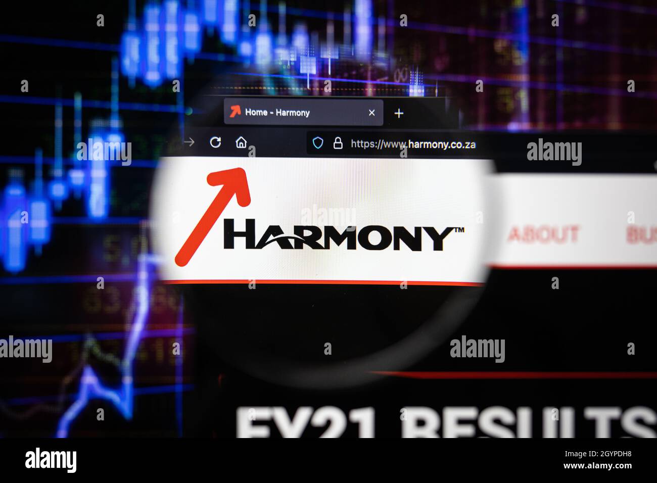 Harmony company logo on a website with blurry stock market developments ...