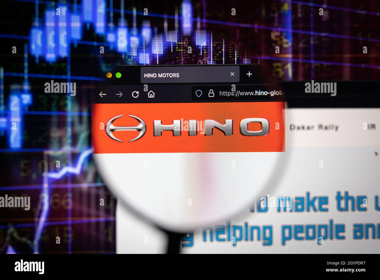 Hino company logo on a website with blurry stock market graphs in the ...