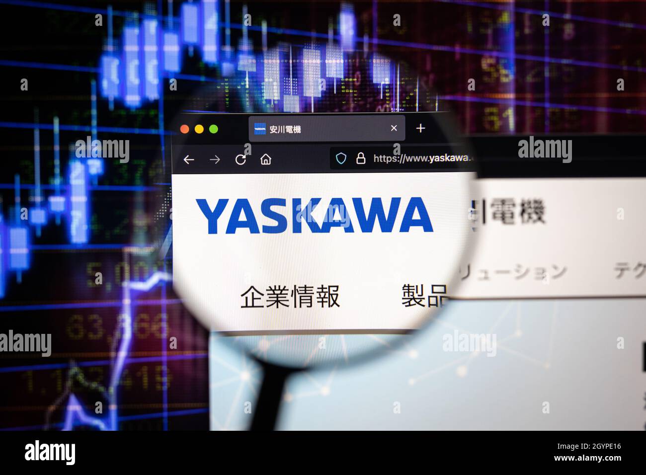 Yaskawa company logo on a website with blurry stock market graphs in ...