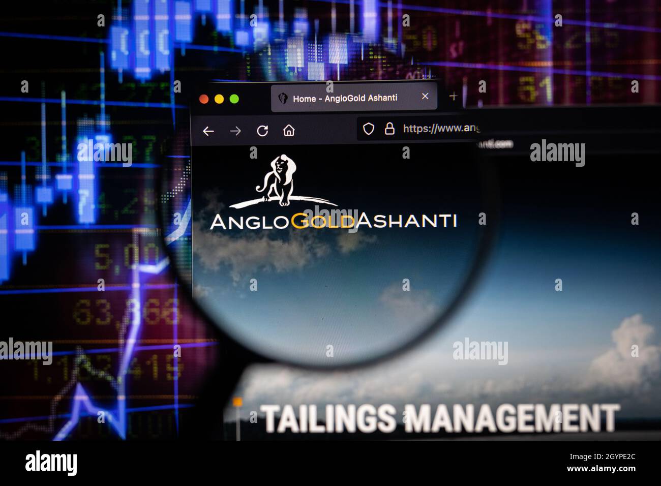 AngloGold Ashanti company logo on a website with blurry stock market ...
