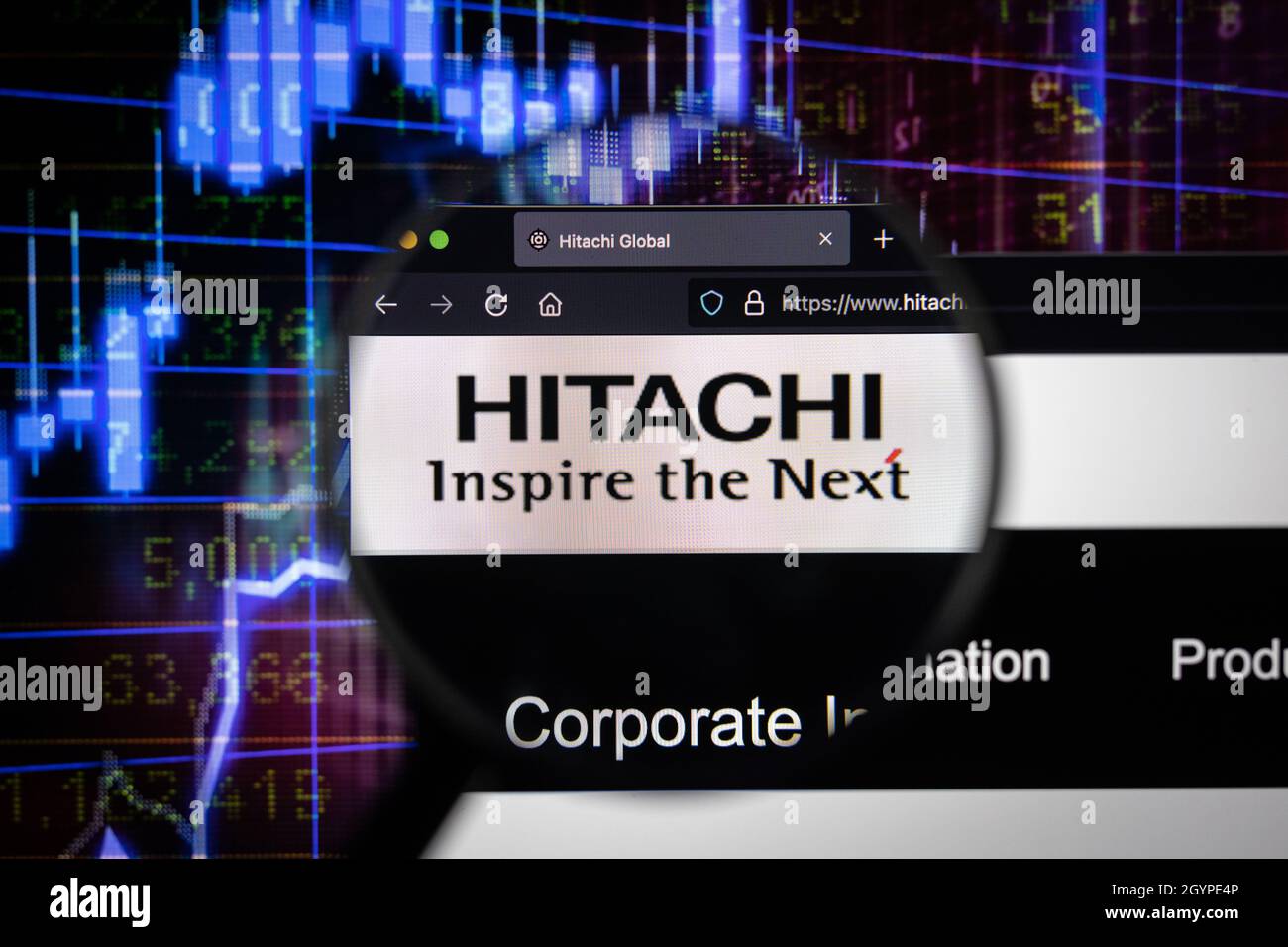 Hitachi company logo on a website with blurry stock market graphs in ...