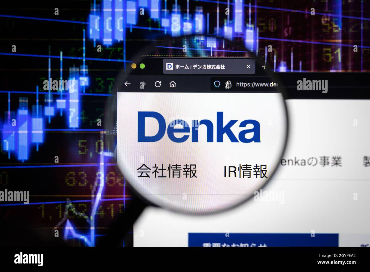 Denka company logo on a website with blurry stock market graphs in the ...