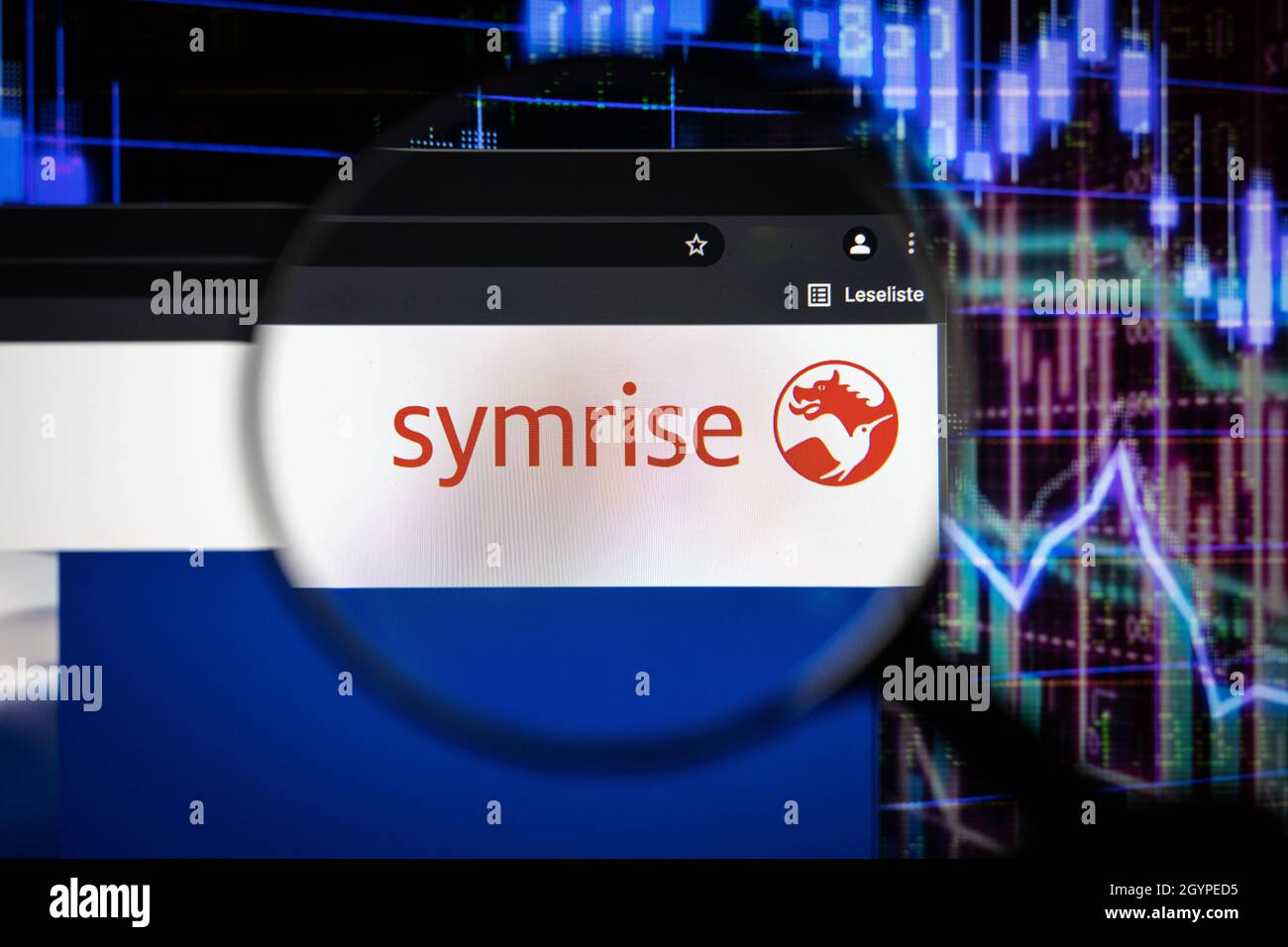 Symrise company logo on a website with blurry stock market graphs in ...