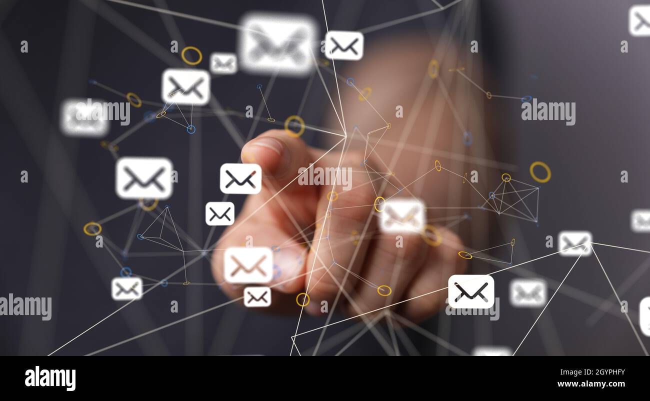 3D rendering of floating envelopes with hand touching it from behind-online communication ...