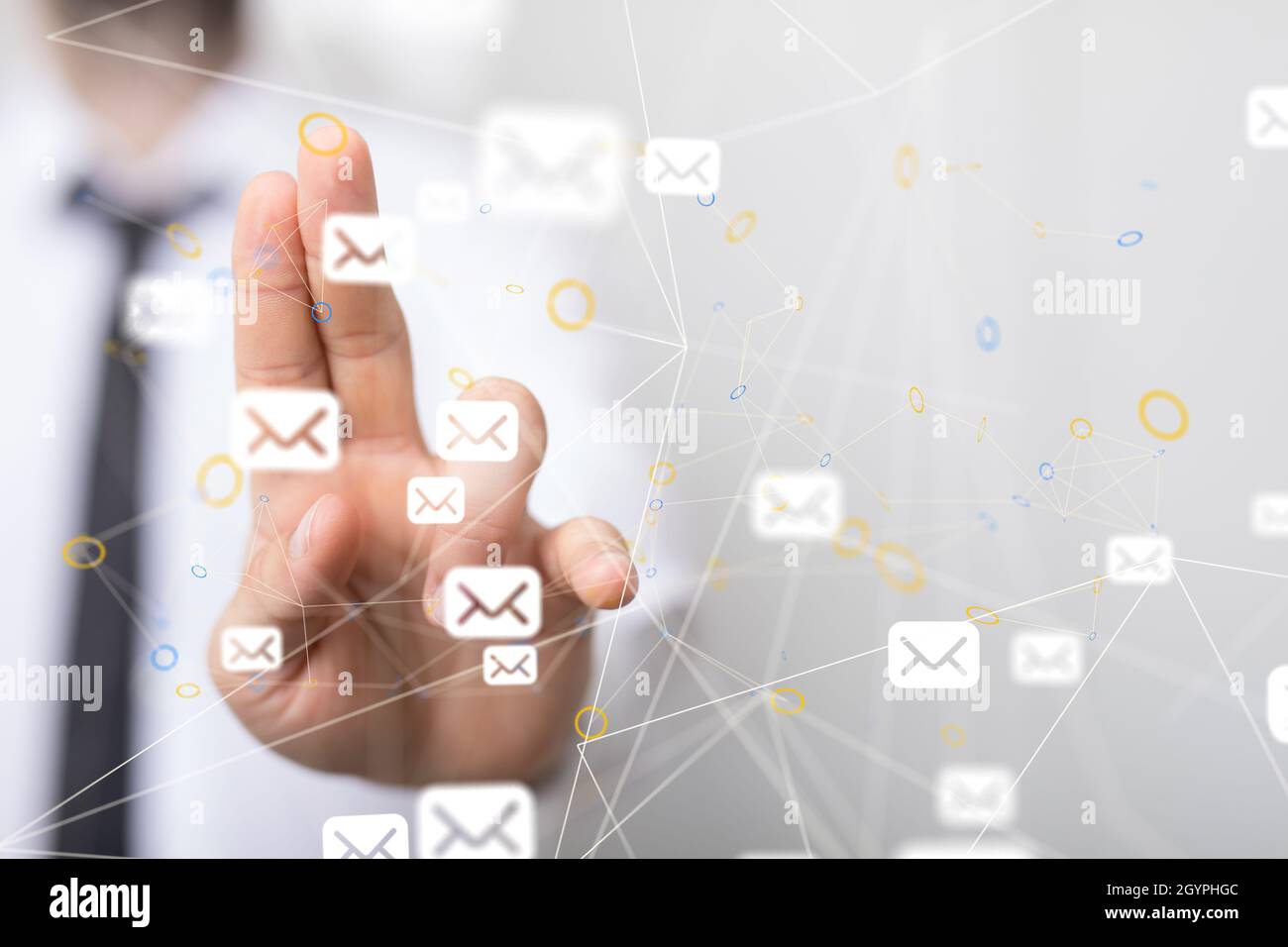 3D rendering of floating envelopes with hand touching it from behind-online communication ...