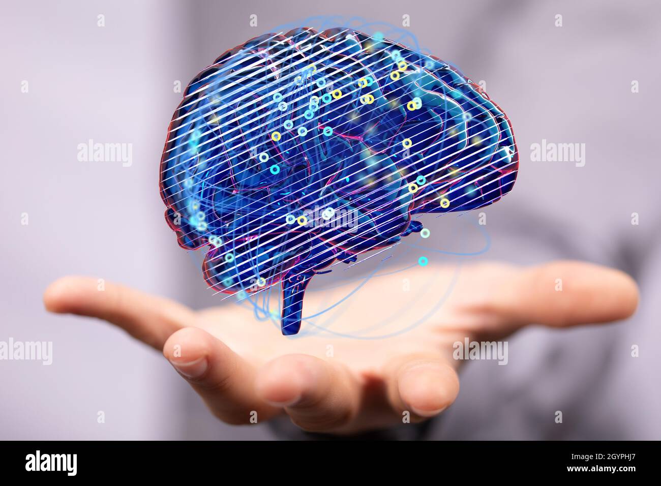 3D rendering of floating brain on a hand -brain network and digital IQ ...