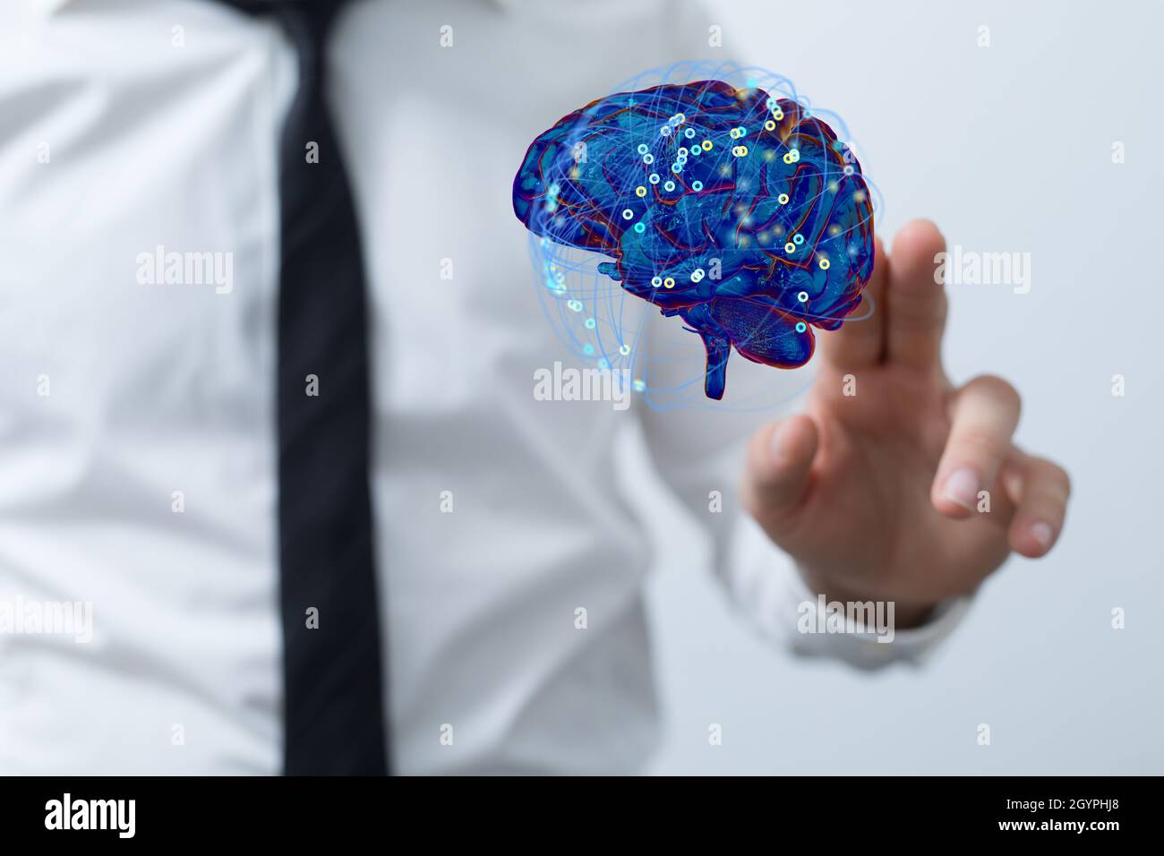 3D rendering of floating brain with male touching it from behind-brain ...