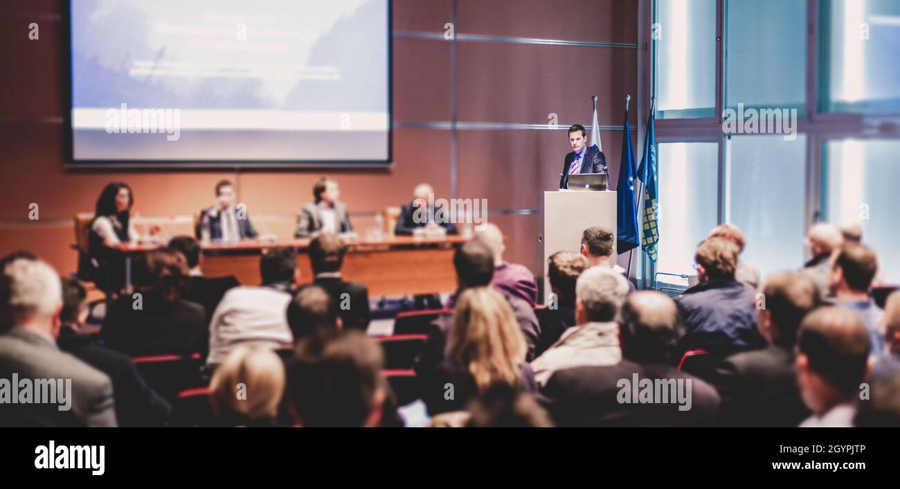 Speaker giving presentation on scientific business conference Stock ...