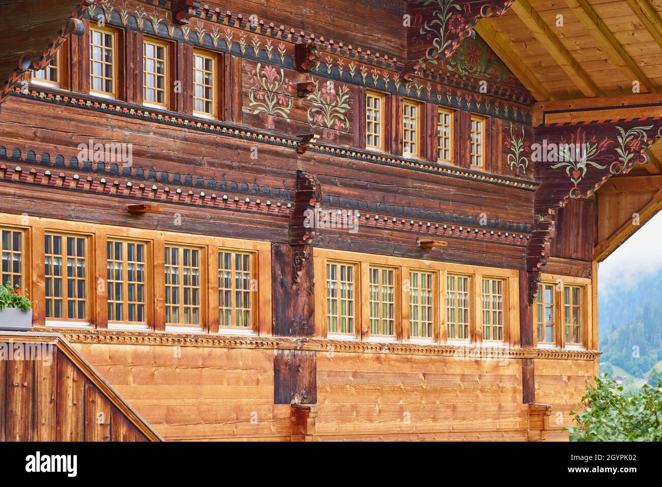 Closeup of a hand painted traditional Swiss chalet - Simmental, Berner Oberland, Switzerland ...