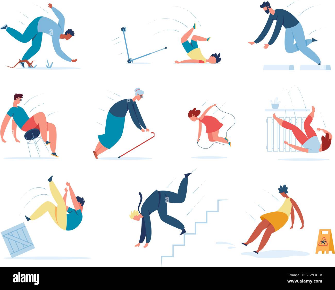 People falling down stairs, tripping and slipping on wet floor. Young ...