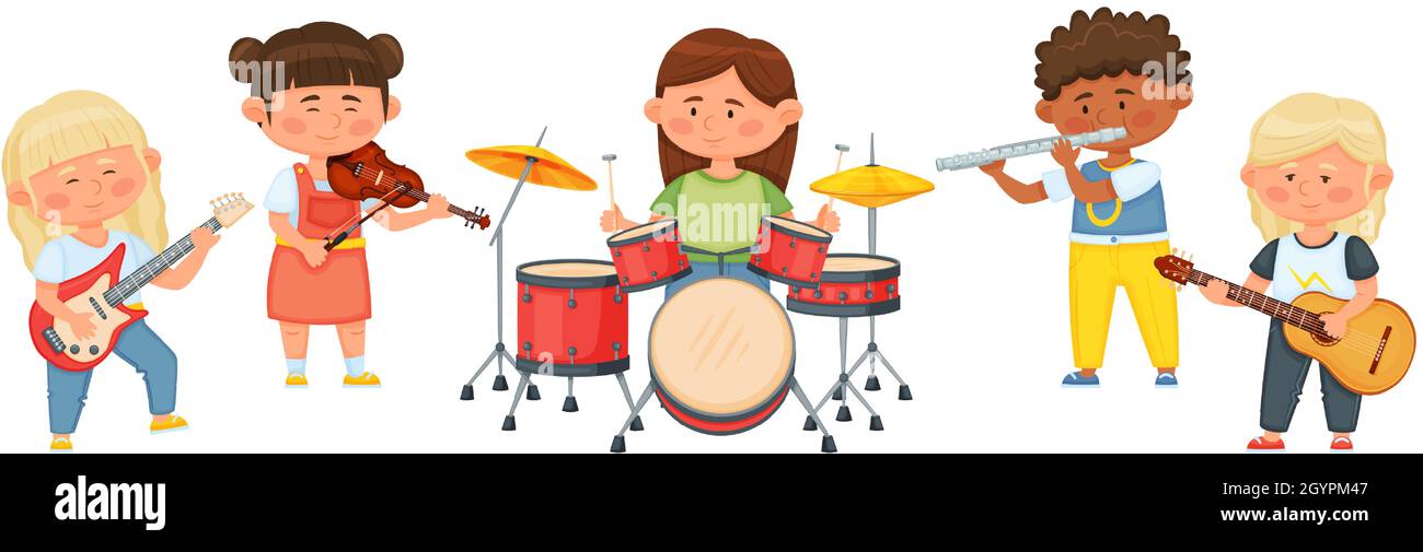 Kids music band, cartoon children playing musical instruments together ...