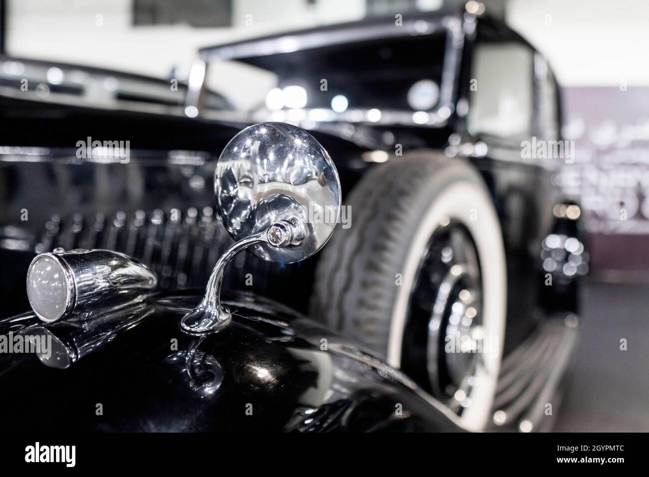Rear view mirror of classic luxury car from 1930s in the UK (selective ...