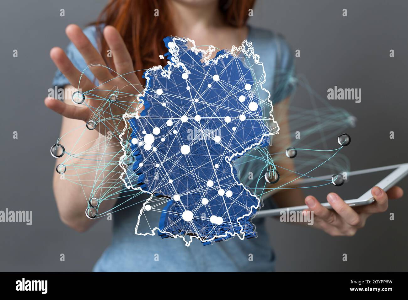 3D rendering of digital Germany map with female touching it from behind ...
