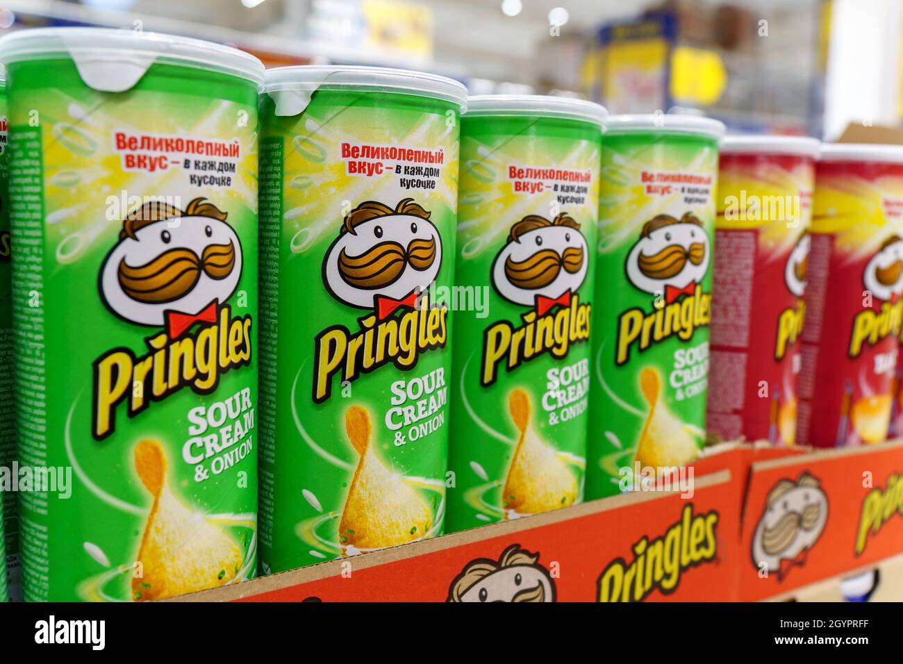 Volzhsky, Russia-September 21, 2021: Pringles chips sour cream. Owned ...
