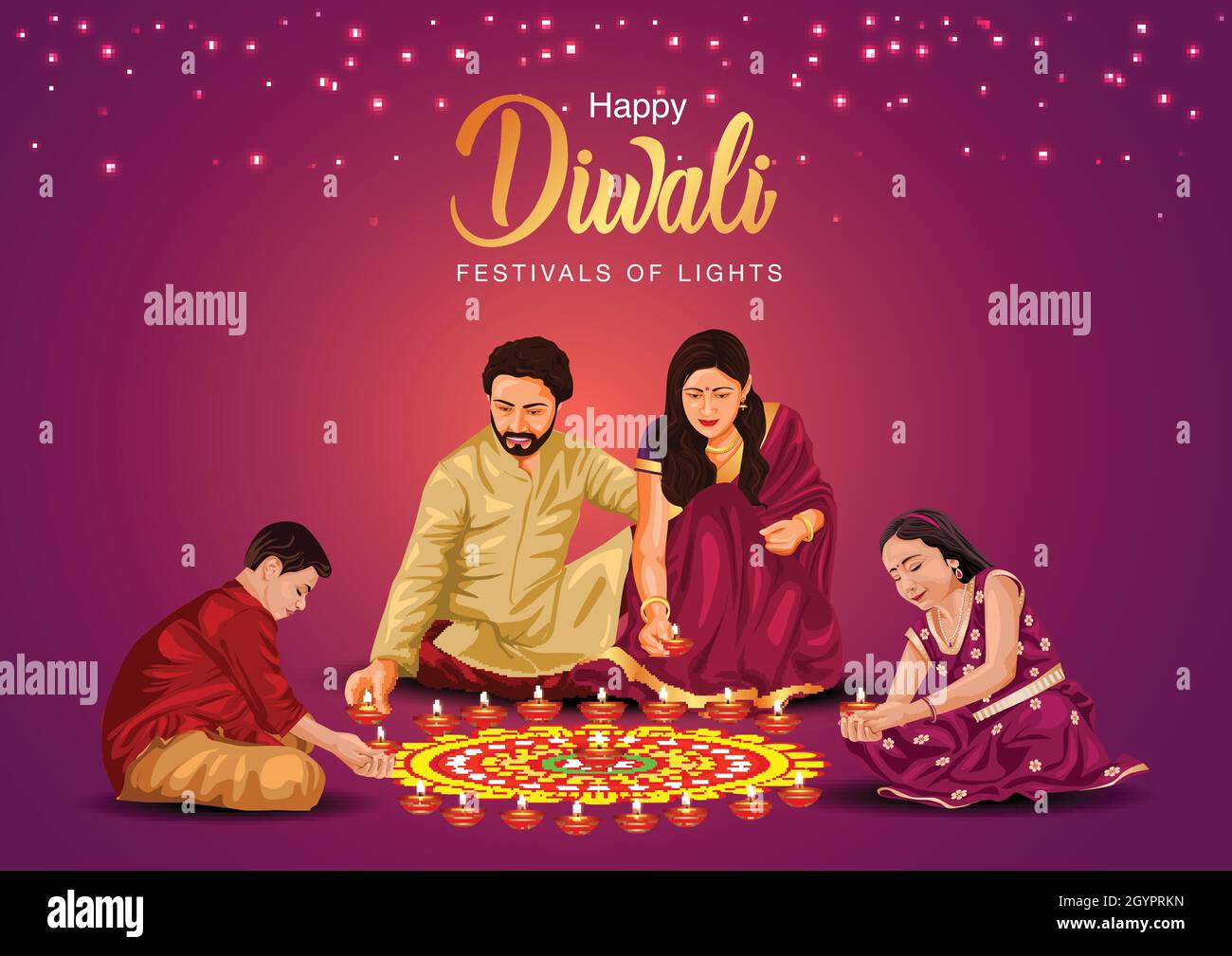 Indian family celebrate Diwali festival background with decorated ...