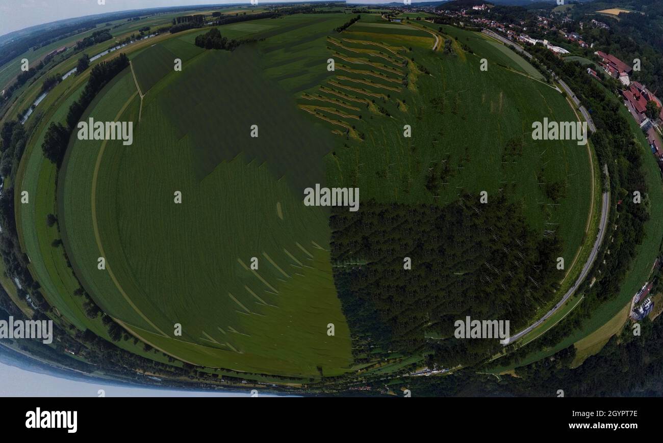 Spherical abstract panoramic aerial view in a field with fantastic ...
