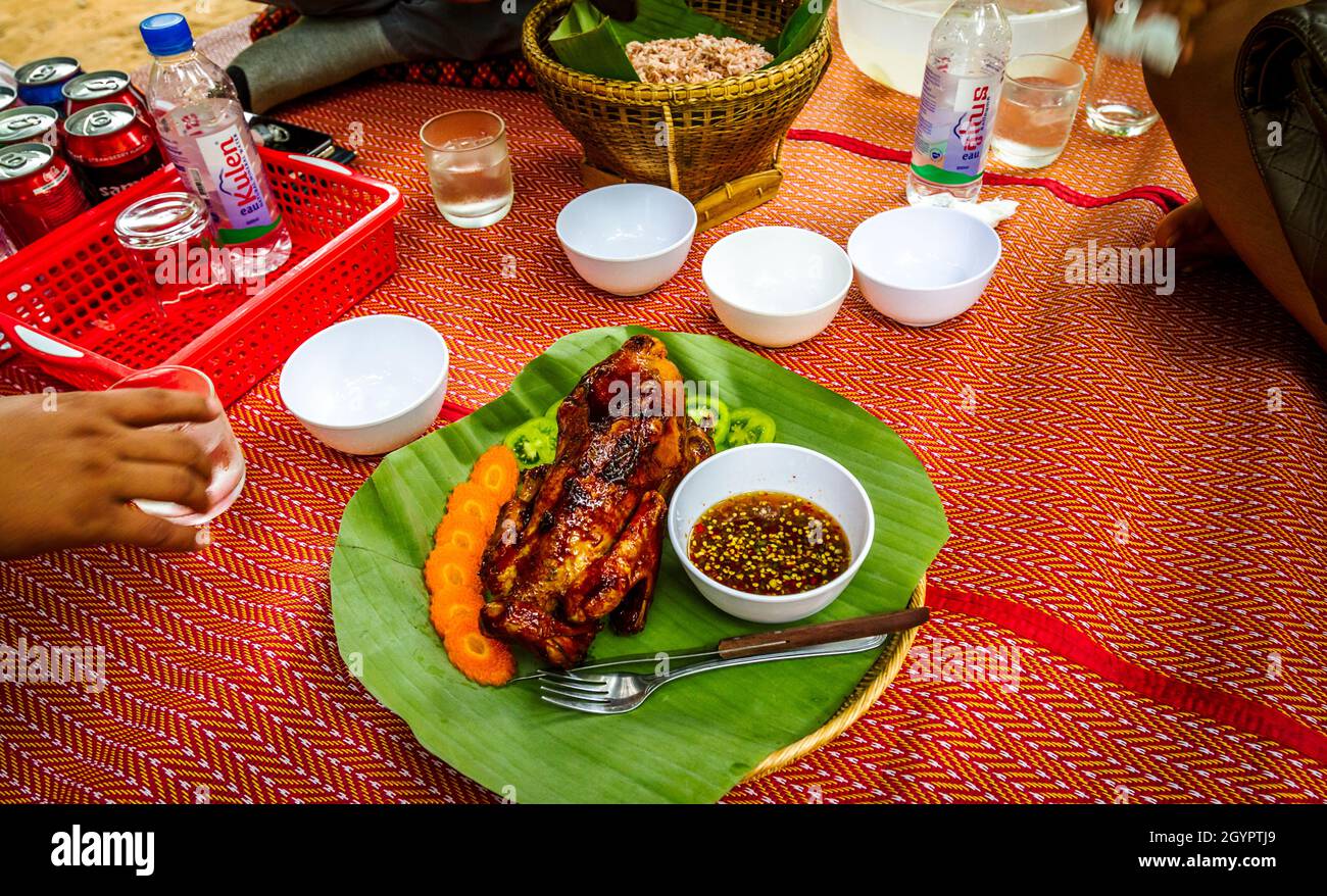 A whole chicken ready to eat at a Khmer Restaurant in Siem Reap close ...