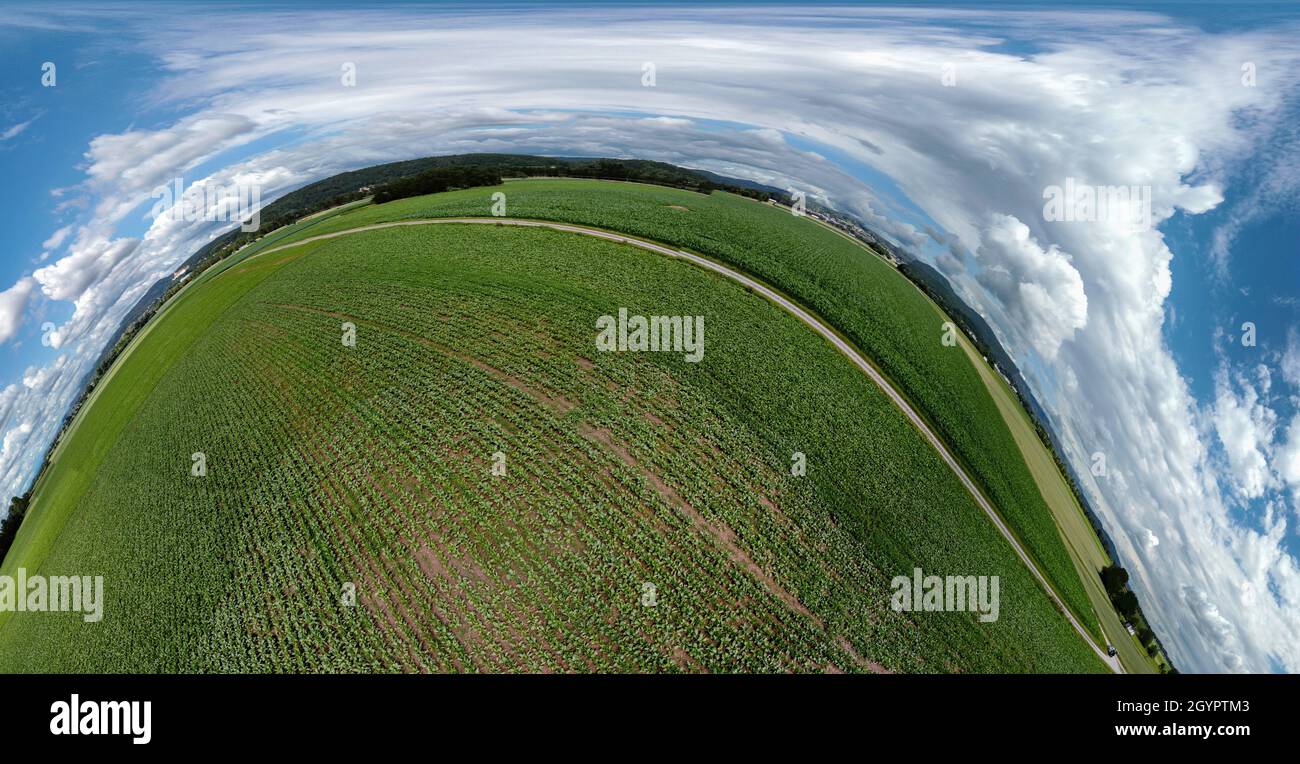 Spherical abstract panoramic aerial view in a field with fantastic ...