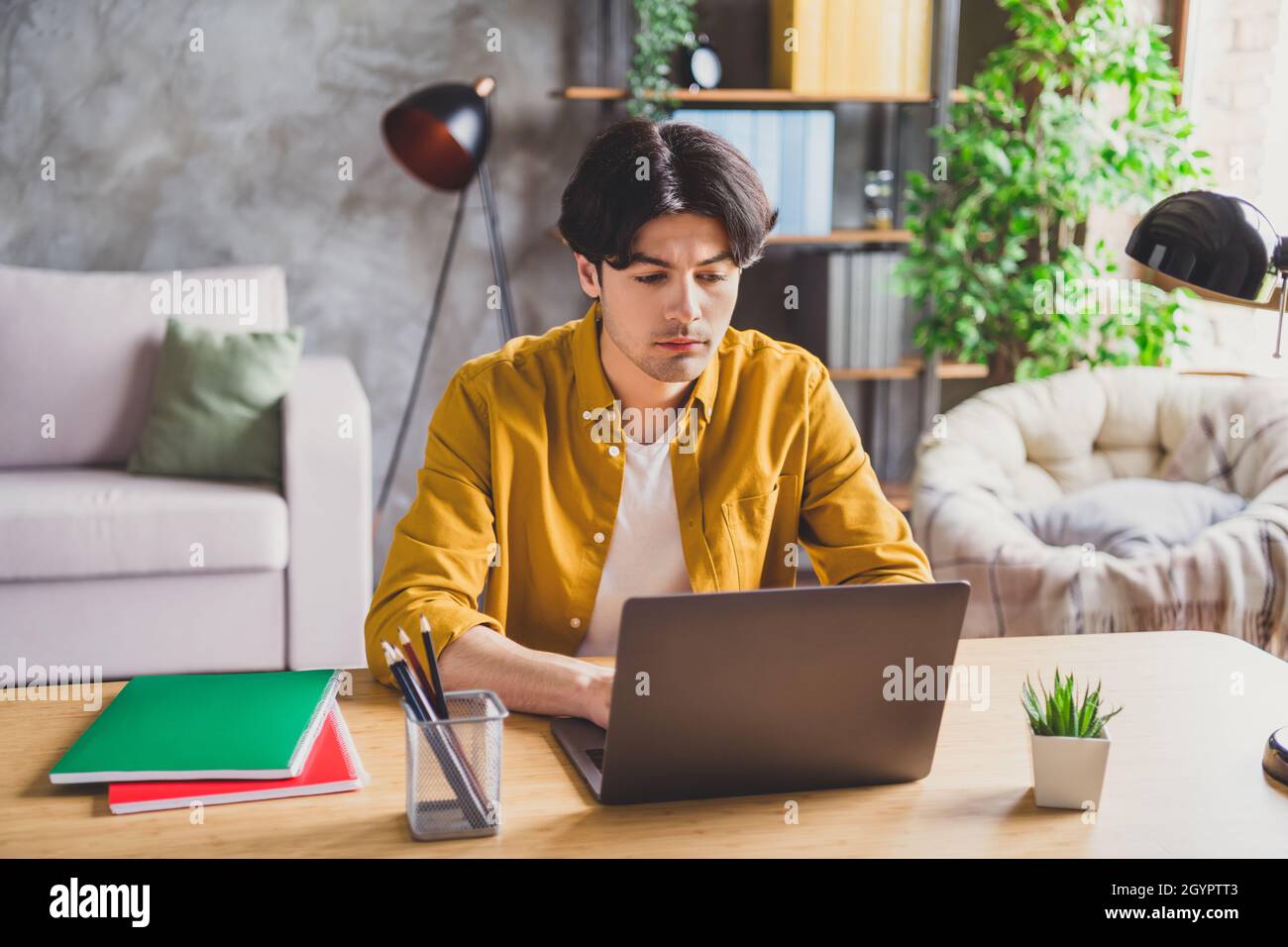 Photo of focused concentrated programmer guy sit desk work laptop look ...