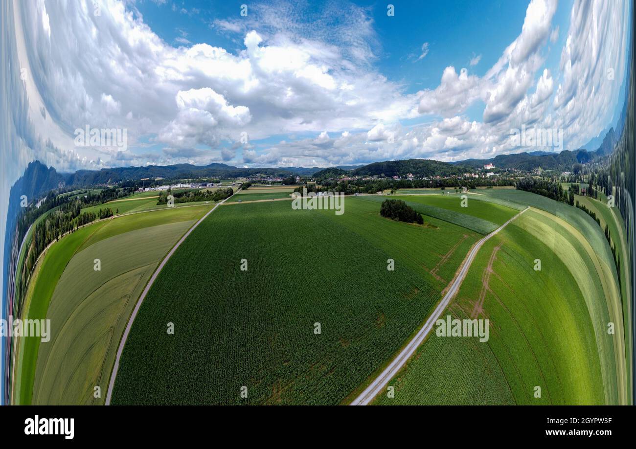 Spherical abstract panoramic aerial view in a field with fantastic ...