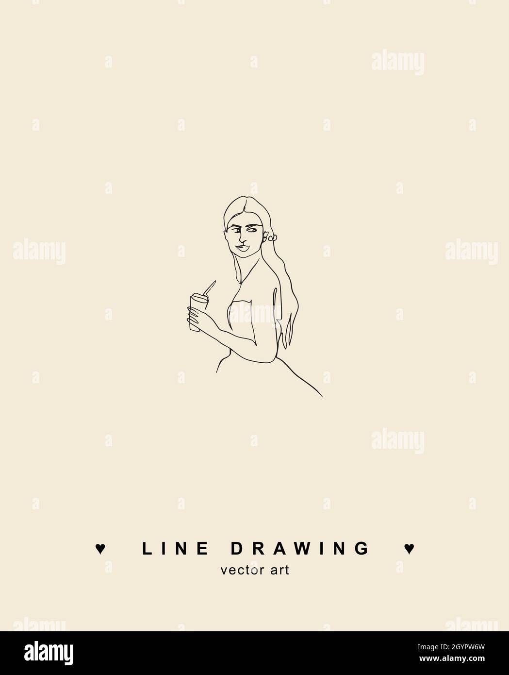 Line-drawn woman. Girl with coffee. Woman in a dress. Bride line ...