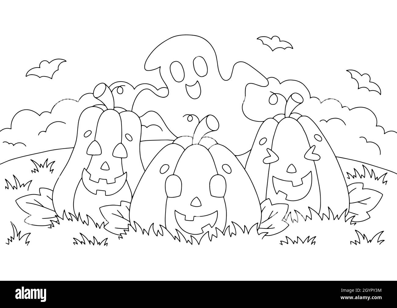 Cute pumpkins and a ghost. Coloring book page for kids. Cartoon style ...