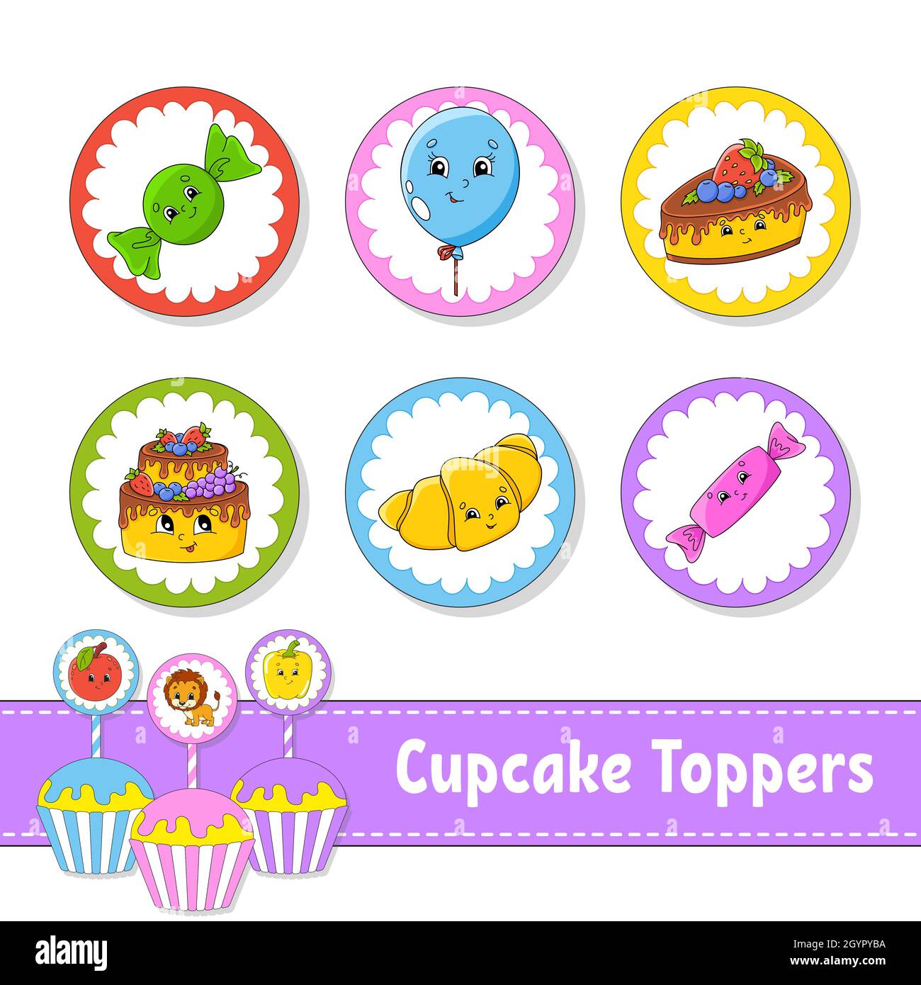 Cupcake Toppers. Set of six round pictures. Cartoon characters. Cute ...