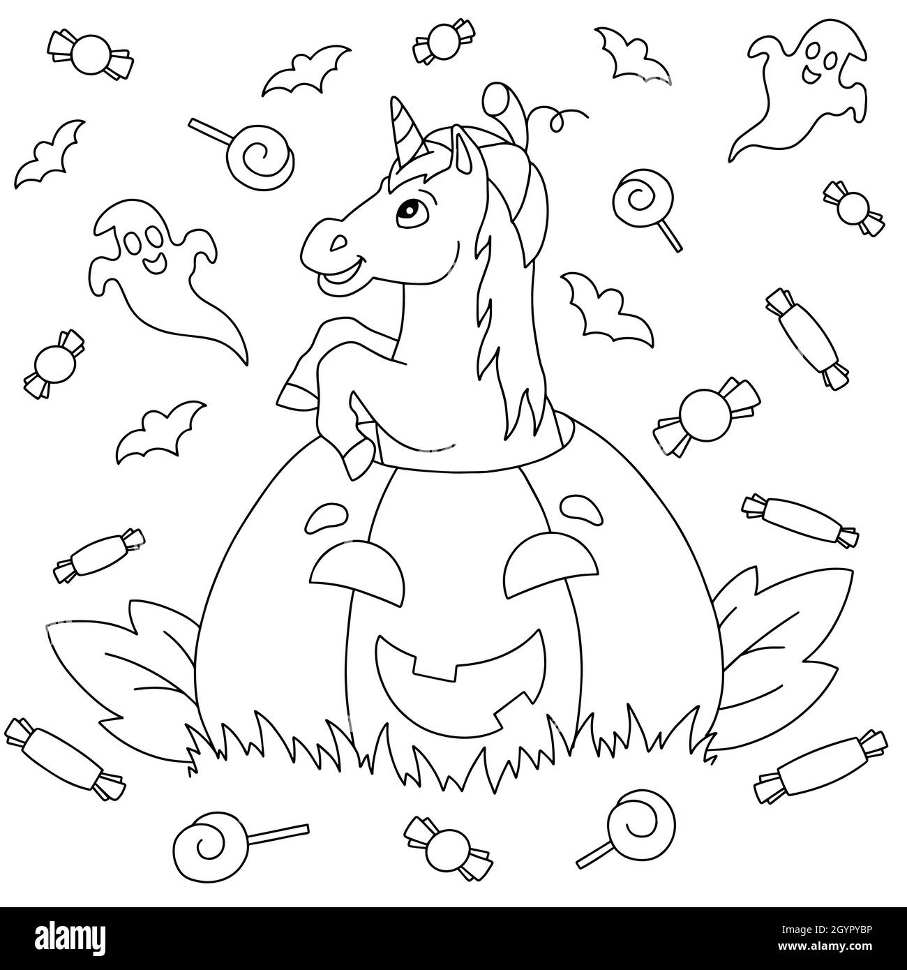 Funny unicorn jumping out of a pumpkin for halloween holiday. Coloring ...