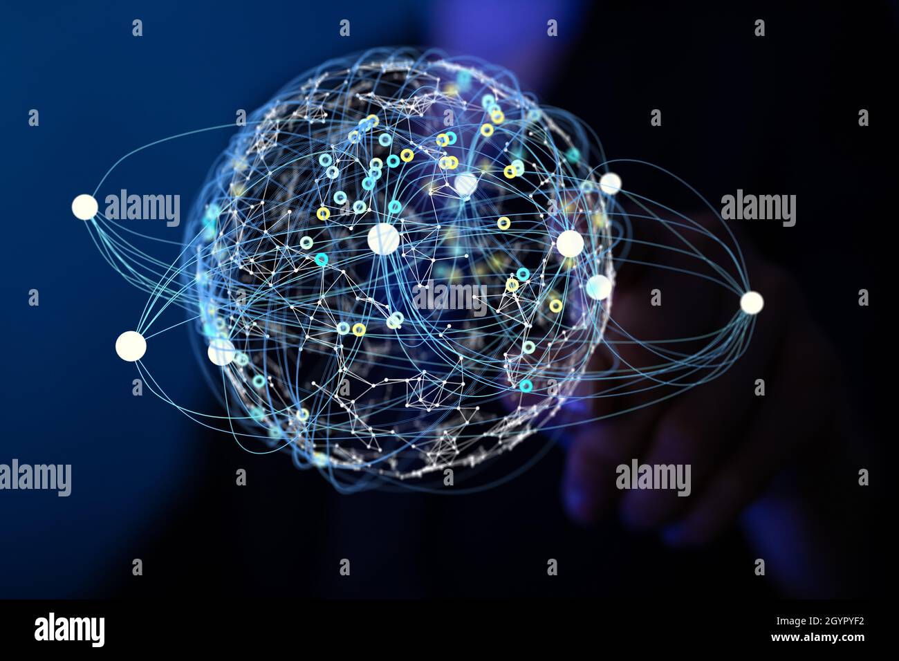 3D rendering of digital globe with hand touching it from behind ...