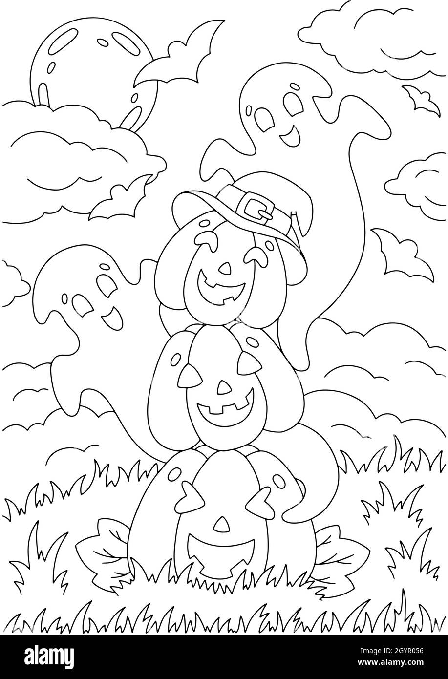 Funny pumpkins and ghosts. Coloring book page for kids. Halloween theme ...