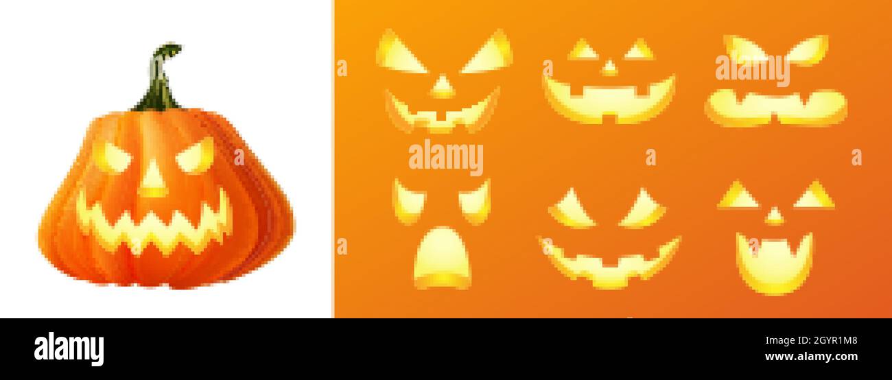 Happy halloween 3D realistic scary jack lantern different faces set ...