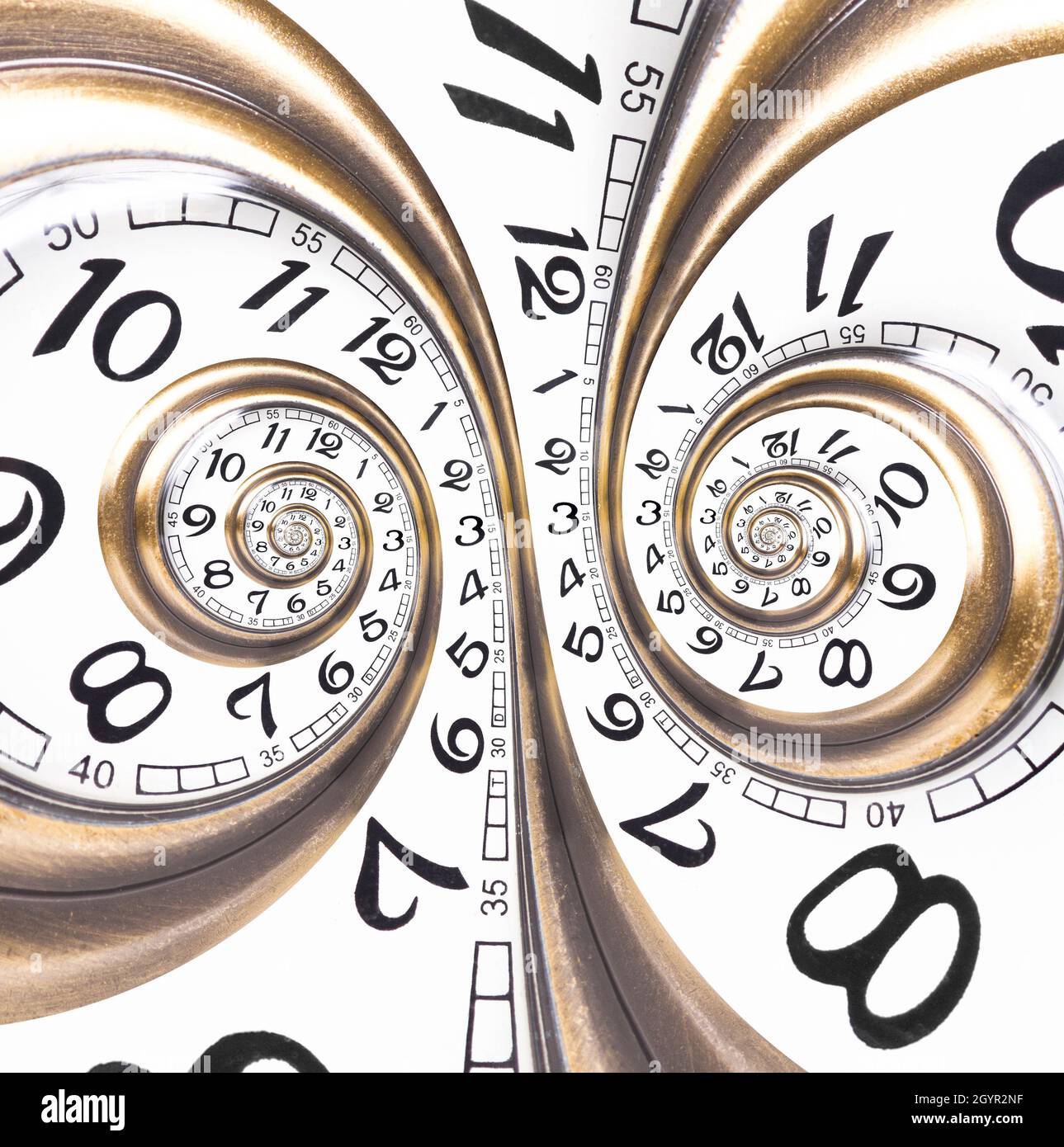 Abstract time theme background made of twisted watch faces. Parallel ...