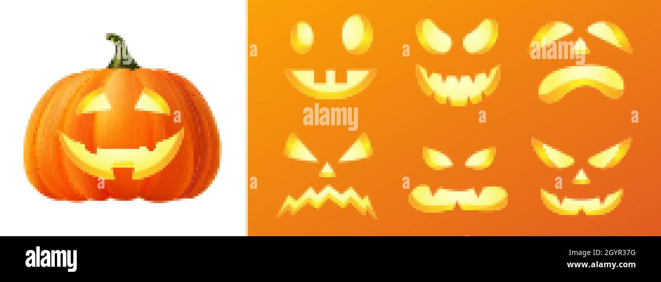 Happy halloween 3D realistic scary jack lantern different faces set ...