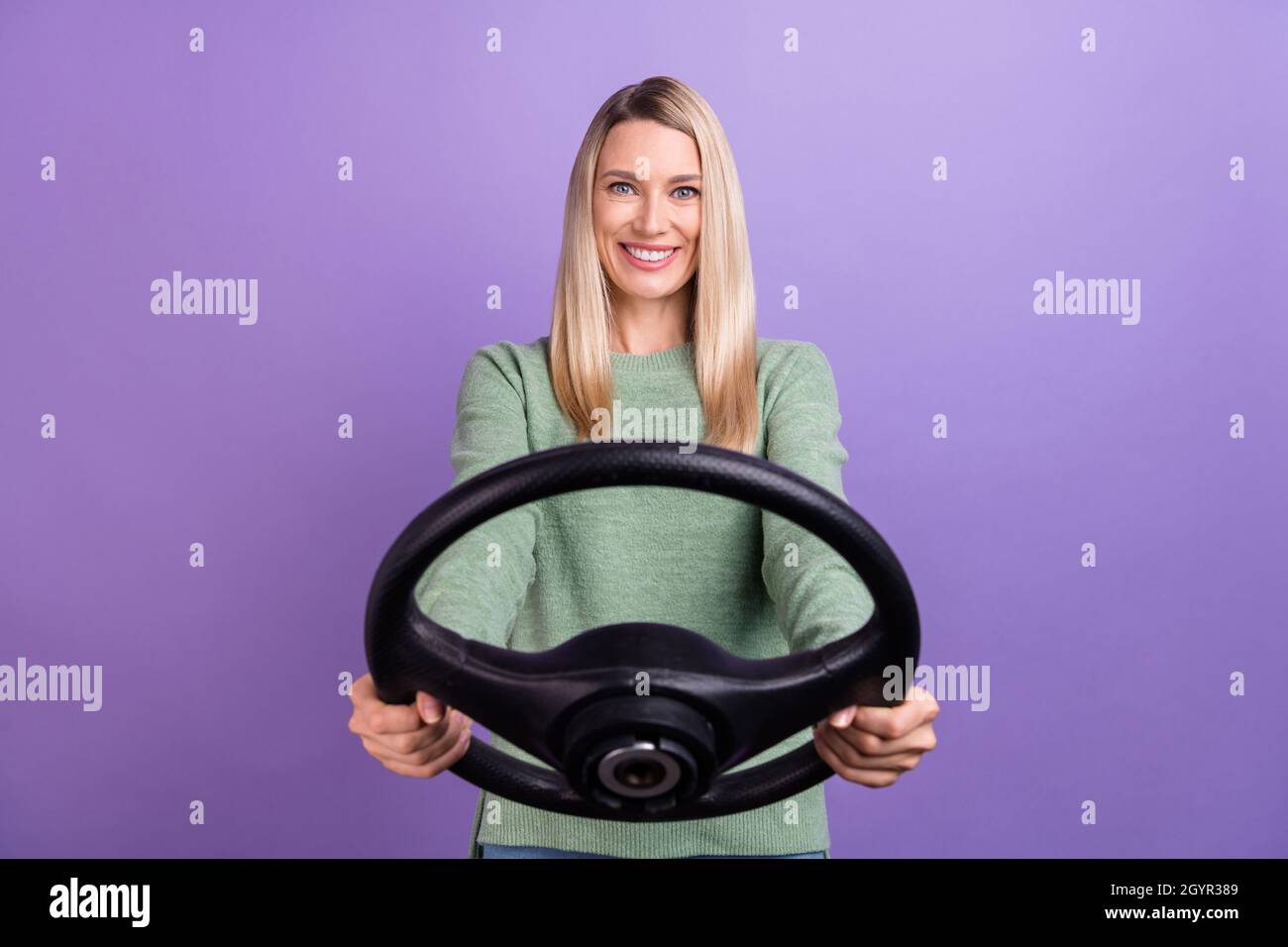 Photo of young beautiful lady learn driver school practicing ride ...