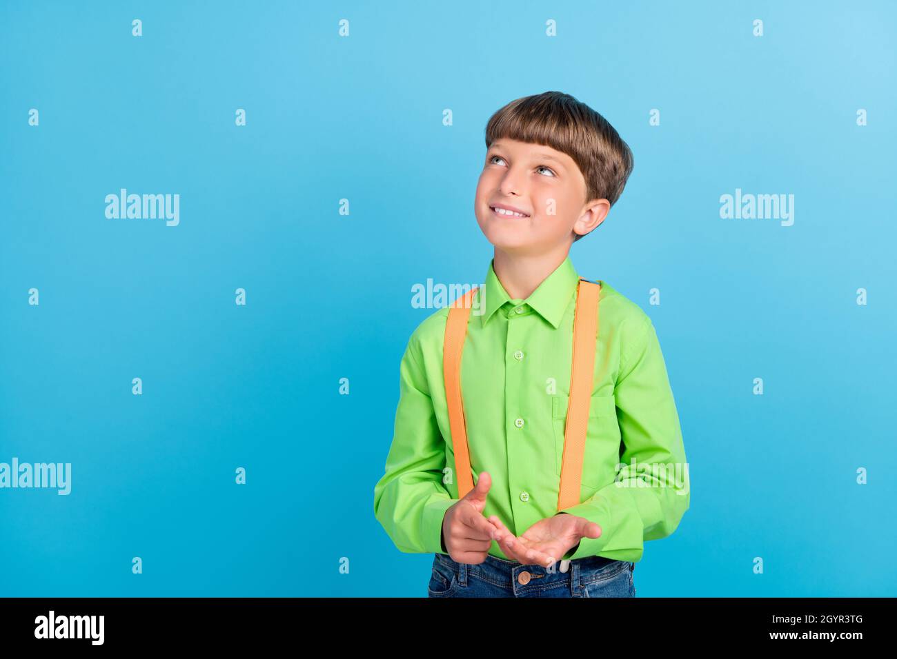 Portrait of attractive cheery brainy boy nerd thinking copy space ...